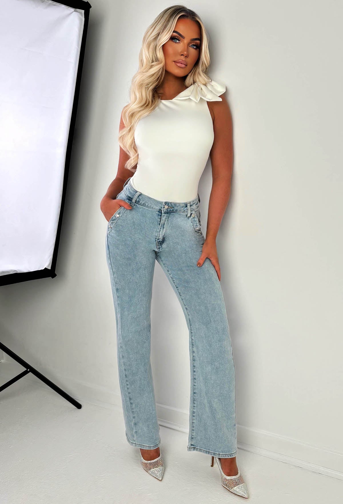 Viva Glam Light Wash Wide Leg Diamante Heart Jeans | Pink Boutique