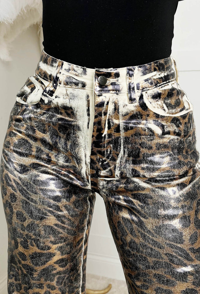 Wild Star Leopard Stretch Metallic Leopard Jeans | Pink Boutique – Pink ...